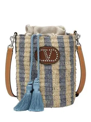 Valentino Garavani Small Bucket Bag In Raffia With Beige And Light Blue Stripes - Cream