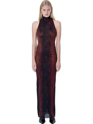 JEAN PAUL GAULTIER JEAN PAUL GAULTIER Python Printed High Neck Mesh Long Dress Brown