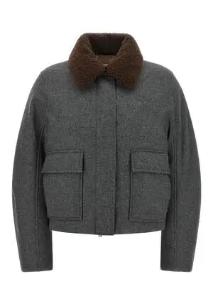 Brunello Cucinelli BRUNELLO CUCINELLI Shearling Collar Cropped Jacket Gray
