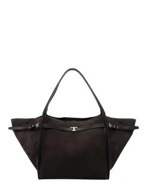 TOD'S Medium Suede T Signature Shopping Bag - Brown