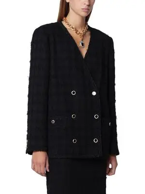 Alessandra Rich Double-breasted Bouclé Tweed Jacket - Black