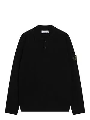 Stone Island Virgin Wool Long Sleeve Polo Sweater - Black