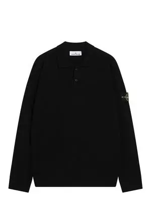 Stone Island Virgin Wool Long Sleeve Polo Sweater - Black