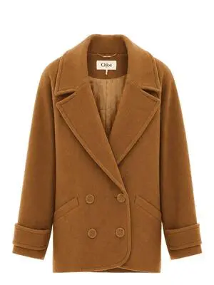 Chloé Short Double-breasted Wool Coat With Herringbone Pattern - Brown
