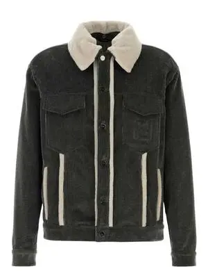 Fendi Fendi Men Faded Stonewash Treatment Corduroy Blouson With Sheepskin Trim Removable Collar Gray