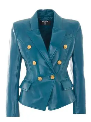Balmain BALMAIN 6 Buttons Double Breasted Leather Jacket Blue