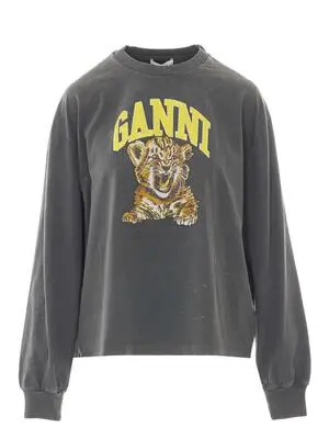 GANNI Graphic Print Long Sleeve T-shirt - Gray