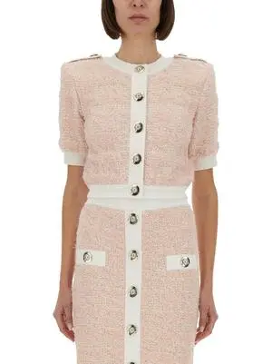 Balmain Tweed Cropped Cardigan - Pink