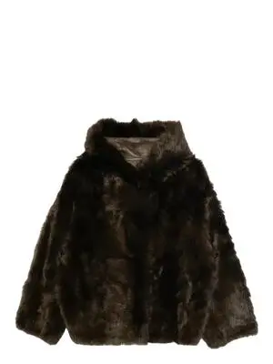 YVES SALOMON Hooded Lamb Fur Shearling Jacket - Brown