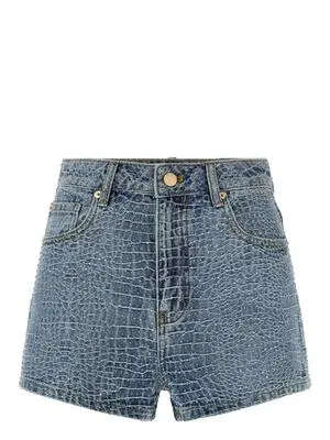 SELF-PORTRAIT Crocodile Effect Rhinestone Denim Shorts - Blue