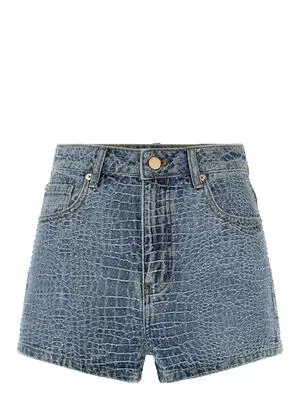 SELF-PORTRAIT Crocodile Effect Rhinestone Denim Shorts - Blue