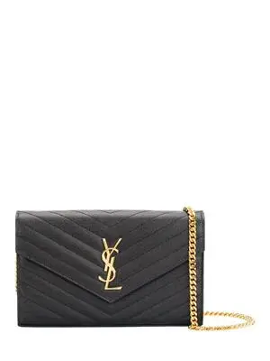 Saint Laurent Classic Cassandre Chain Wallet In Grain De Poudre Leather - Black