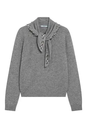 Prada Cashmere Sweater With Jeweled Scarf - Gray
