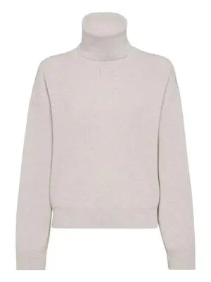 Brunello Cucinelli BRUNELLO CUCINELLI Cashmere Blend English Ribbed Turtleneck Sweater Gray