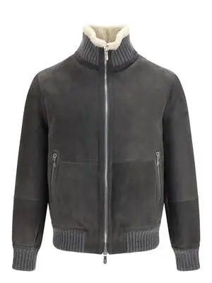 Brunello Cucinelli Shearling Jacket With Zip And High Neck - Gray