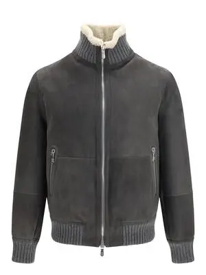 Brunello Cucinelli Shearling Jacket With Zip And High Neck - Gray