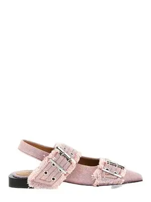 GANNI Feminine Buckle Fringed Denim Slingback Sandals - Pink
