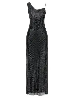 SELF-PORTRAIT Rhinestone Draped Tulle Maxi Dress - Black