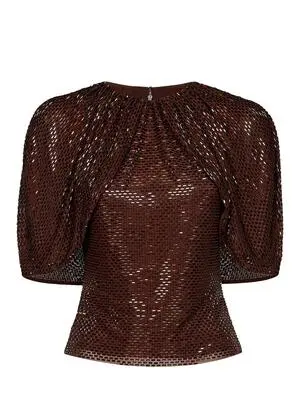 SELF-PORTRAIT Brown Rhinestone-embellished Tulle Top With Cape Sleeves - Multicolor