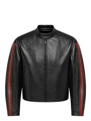 Gucci Leather Biker Jacket With Web Detail - Black