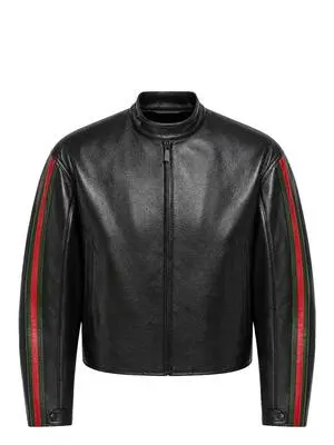 Gucci Leather Biker Jacket With Web Detail - Black