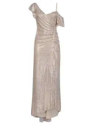 SELF-PORTRAIT Champagne Rhinestone-embellished Tulle Draped Maxi Dress - Multicolor