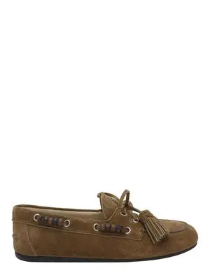 Miu Miu Suede Deck Loafers With Tassels And Logo - Brown