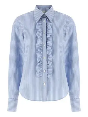 AMI Paris Striped Cotton Poplin Jabot Shirt - Blue