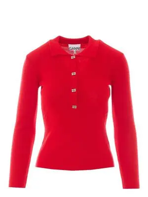 GANNI Merino Wool Polo Shirt With Logo Buttons - Red