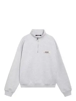 Jacquemus Light Grey Zip-neck Sweatshirt With Gros Grain Logo - Gray