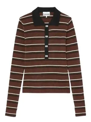 GANNI Striped Ribbed Knit Polo Top - Brown