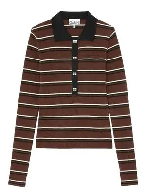 GANNI Striped Ribbed Knit Polo Top - Brown