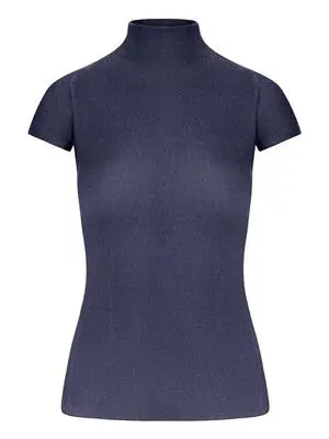 Giorgio Armani Ribbed Viscose Short Sleeve Turtleneck Top - Blue