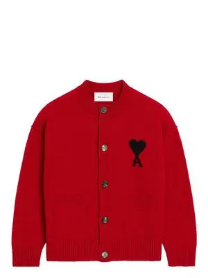 AMI Paris Wool De Coeur Intarsia-knitted Cardigan - Red