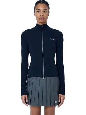 Miu Miu Ribbed-knit Logo-embroidered Cardigan - Blue