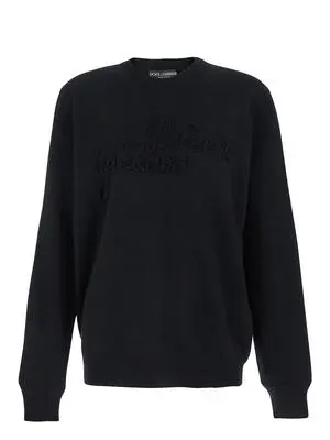 Dolce & Gabbana Crew Neck Sweater With Logo Lettering On The Front In Black Wool For - Multicolor
