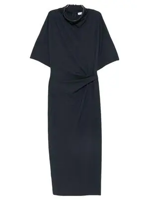 Brunello Cucinelli High Neck Twisted Waist Short Sleeve Dress - Multicolor