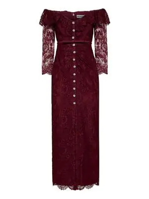 SELF-PORTRAIT Burgundy Lace Belted Off-the-shoulder Maxi Dress - Multicolor
