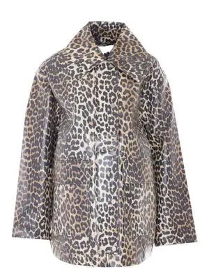 GANNI Laminated Leopard Jacket - Brown