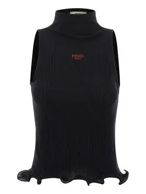 Fendi Ruffled Ribbed Jersey Top - Black
