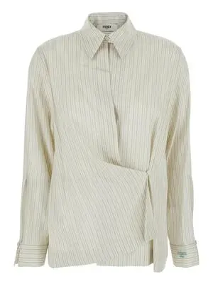 Fendi Silk Striped Pointed Collar Asymmetrical Shirt - Multicolor
