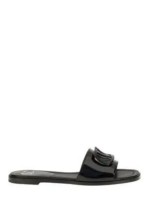 Valentino Garavani Vlogo Patent Leather Slide Sandals - Black