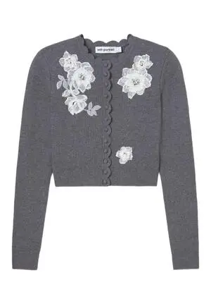 SELF-PORTRAIT Cropped Floral Lace Appliqué Knit Cardigan - Multicolor