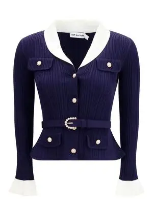 SELF-PORTRAIT Ribbed Cardigan - Blue