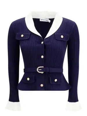 SELF-PORTRAIT Ribbed Cardigan - Blue