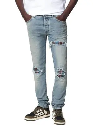 Amiri Mx1 Distressed Flannel-patched Jeans - Blue