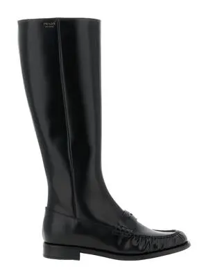 Prada Brushed Calfskin High Moccasin Boots - Black