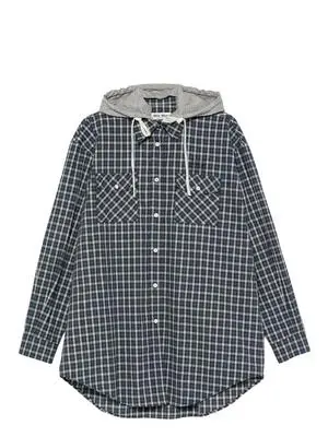 Miu Miu MIU MIU Check Pattern Drawstring Hood Shirt Blue