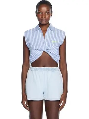 Off-White Striped Sleeveless Cotton Shirt - Blue