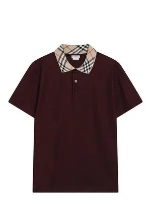 Burberry Cotton Polo Shirt With Check Collar In Vineyard - Red